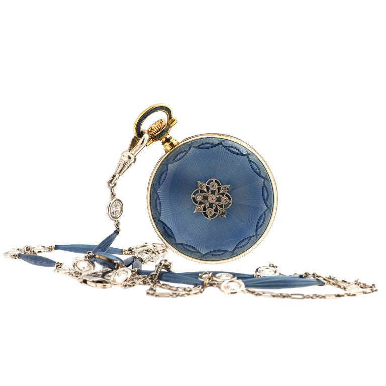 Spectacular Blue Enamel and Diamond Clock Lariat Necklace at 1stDibs