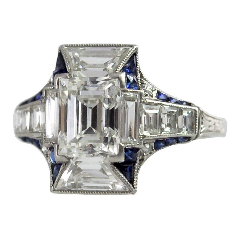 Art Deco Emerald Cut Diamond and Sapphire Ring at 1stDibs
