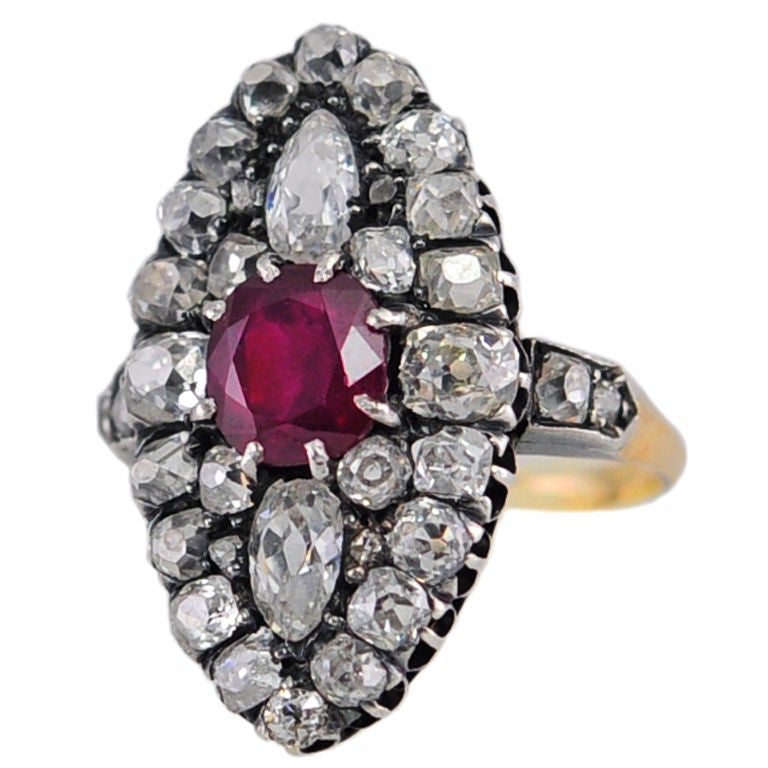 Victorian 1.67 Carat GIA Natural Ruby and Old Mine Cut Diamond Cluster Ring at 1stDibs