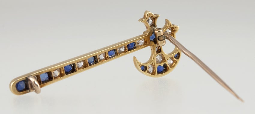 Diamond and Sapphire Hatchet Pin In Original Box For Sale at 1stDibs