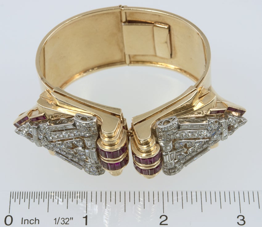 Art Deco Clips on a Retro Bangle Bracelet For Sale at 1stDibs