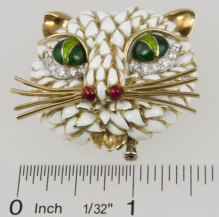 CARLO PICCINI Enamel Cat Face Brooch at 1stDibs