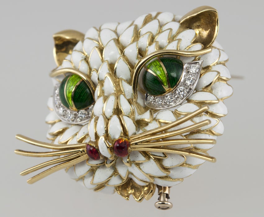 CARLO PICCINI Enamel Cat Face Brooch at 1stDibs