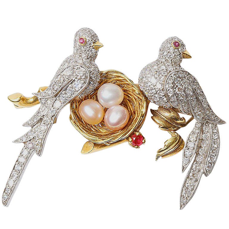 Diamond Encrusted Doves Nesting Brooch at 1stDibs