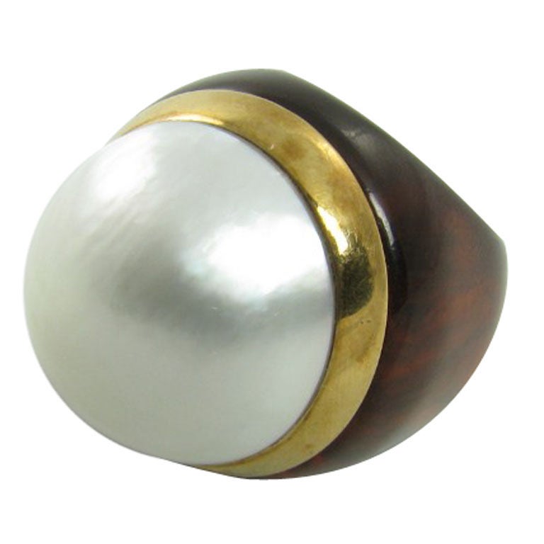 A chic mabe pearl, gold and tortoise shell dome shaped ring. at 1stDibs ...