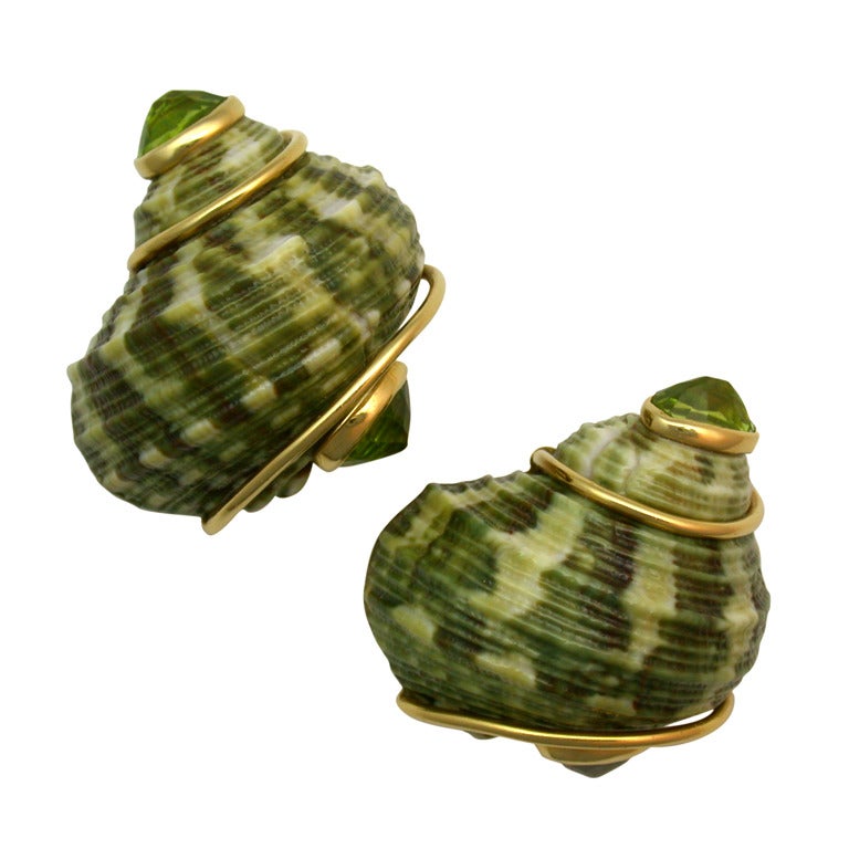 Seaman Schepps Green Shell Peridot Earclips For Sale at 1stDibs