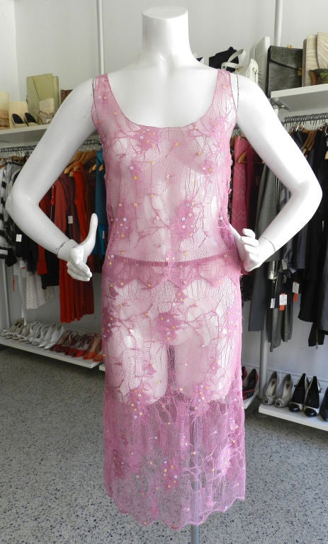 Chanel Sheer Pink Netted Lace Skirt Suit at 1stDibs