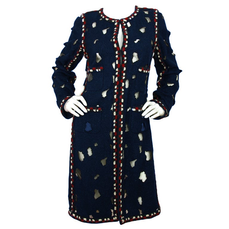 CHANEL Navy Blue Tweed Jacket W. Red and White Stitching and Mesh c ...