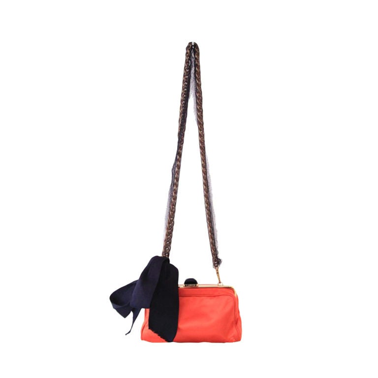 LANVIN ORANGE SATIN CLUTCH BAG W/ BLACK BOW AND CHAIN at 1stdibs
