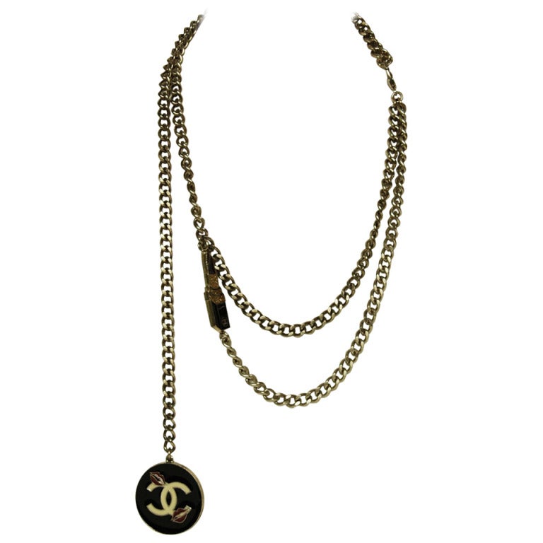 CHANEL Silvertone Chain Link Belt/Necklace With Two Charms at 1stDibs