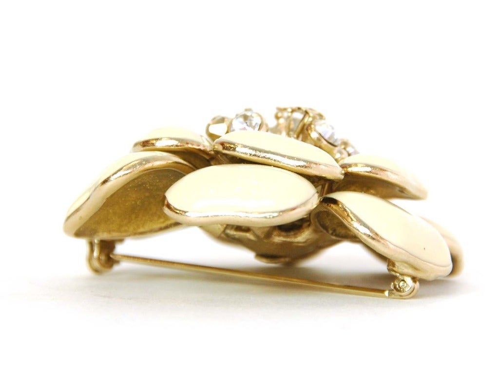 CHANEL Beige Camellia Enamel Flower Brooch Pin with Rhinestones at ...