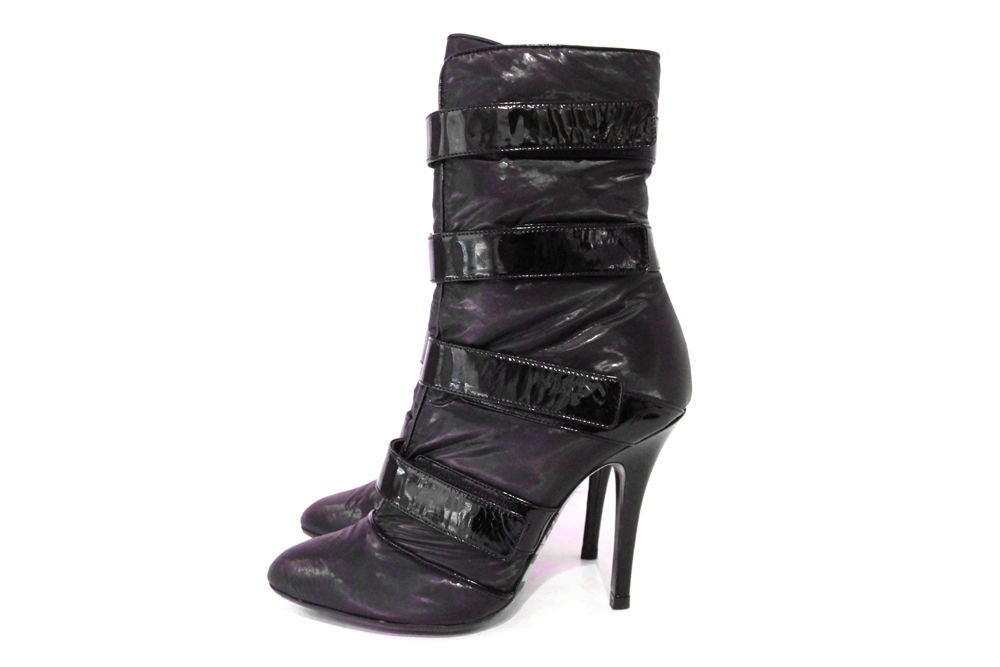 EMILIO PUCCI BLACK NYLON MID CALF BOOTS W/ PATENT VELCRO STRAPS at 1stDibs