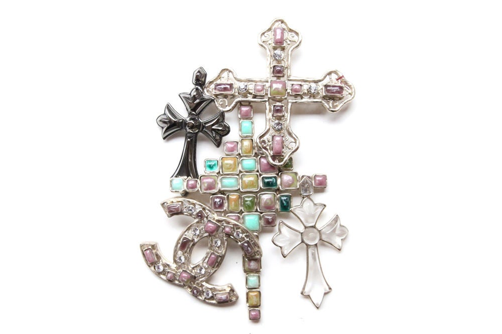 Chanel Rare Pastel Multi Cross and CC Resin Glass Crystal Brooch Pin at ...