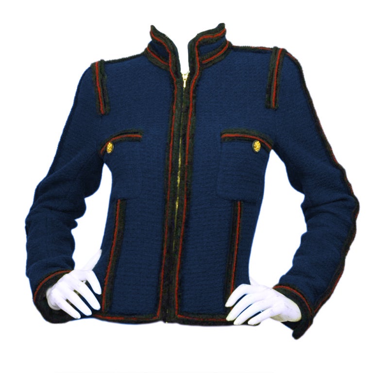 CHANEL Navy Tweed Jacket with Black and Red Trim SZ - 6 at 1stDibs