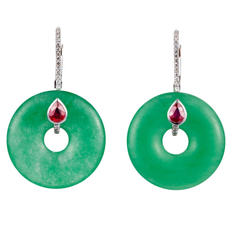 Jade, Ruby and Diamond Earrings at 1stDibs