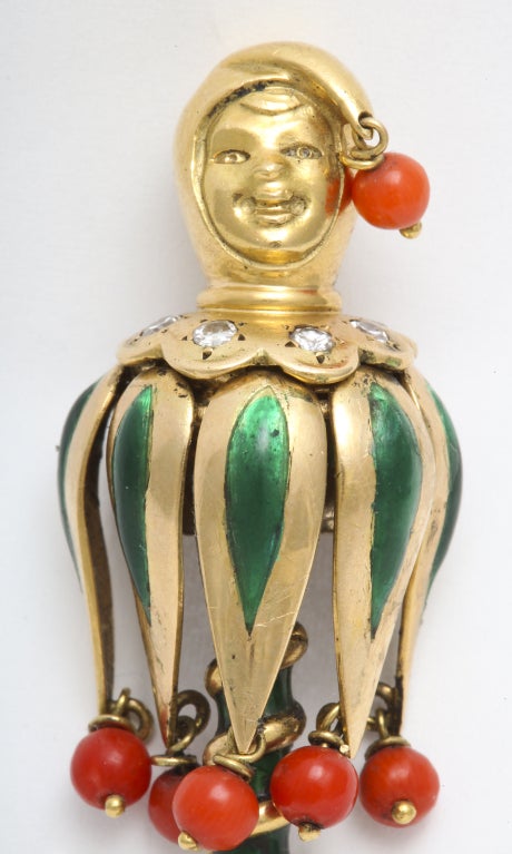 Van Cleef and Arpels Enamel Coral Diamond Gold Jester Brooch For Sale ...