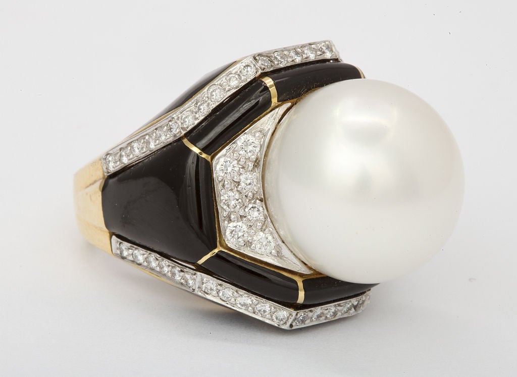 DAVID WEBB Pearl Diamond and Enamel Ring For Sale at 1stDibs