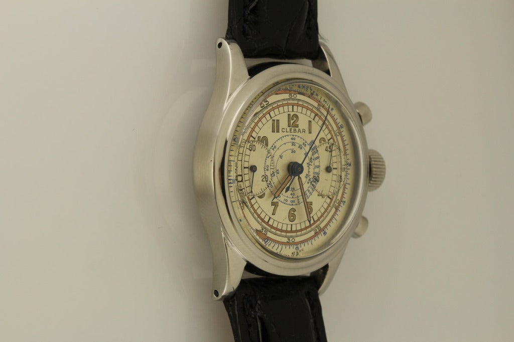 Clebar Stainless Steel Chronograph Wristwatch circa 1950s at 1stDibs