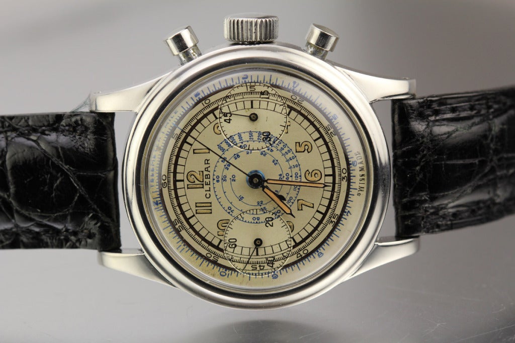 Clebar Stainless Steel Chronograph Wristwatch circa 1950s at 1stDibs