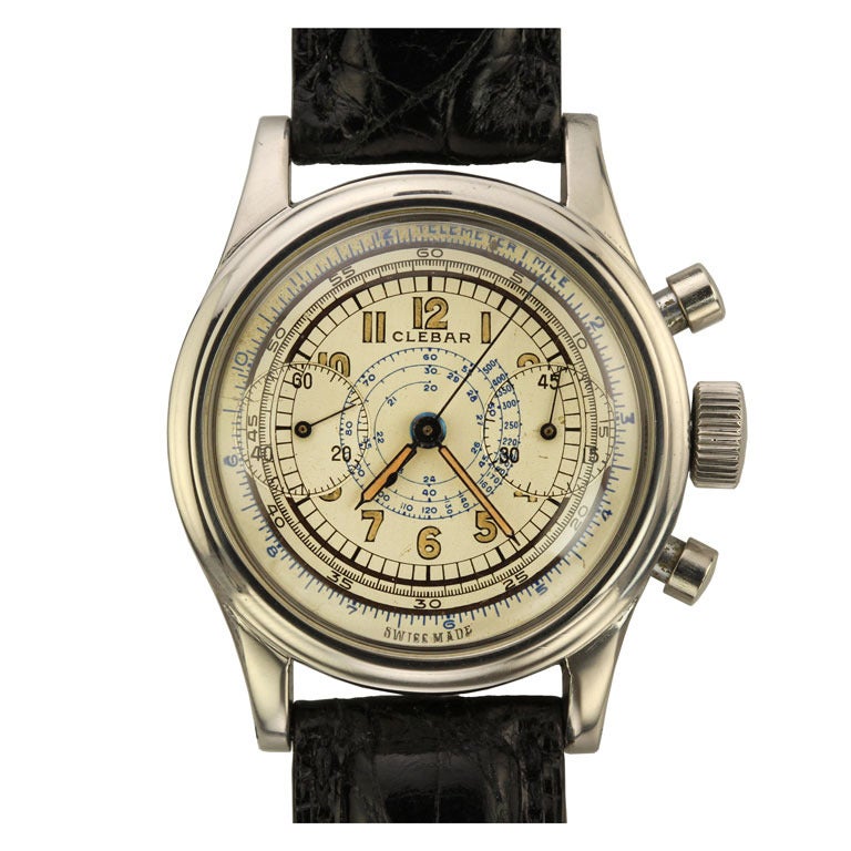 Clebar Stainless Steel Chronograph Wristwatch circa 1950s at 1stDibs