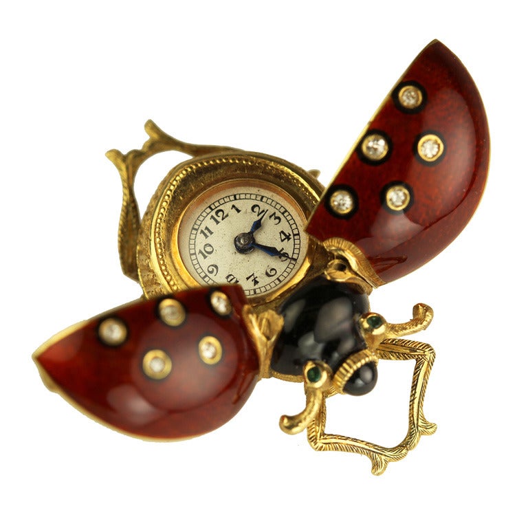 Gold and Guilloche Enamel Lady Bug Brooch Watch circa 1800s at 1stdibs