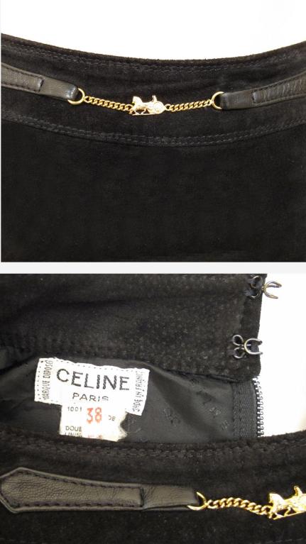 CELINE Blk Suede and Leather Logo Skirt For Sale at 1stDibs