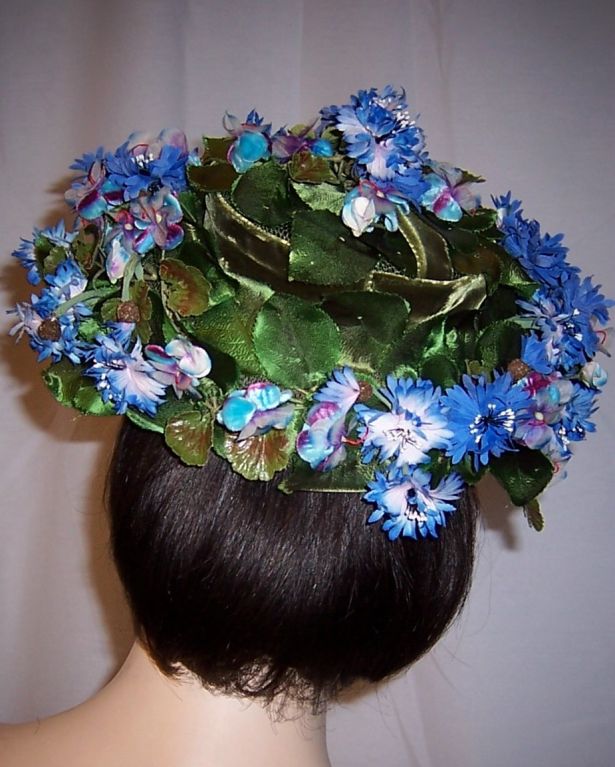 1950's Trebor Original Chapeau Covered with Cornflowers/ Violets at 1stDibs