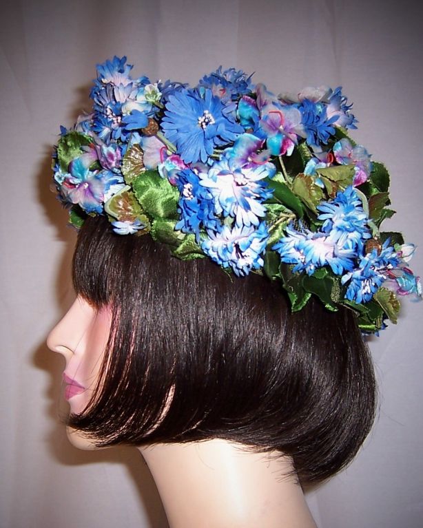 1950's Trebor Original Chapeau Covered with Cornflowers/ Violets at 1stDibs