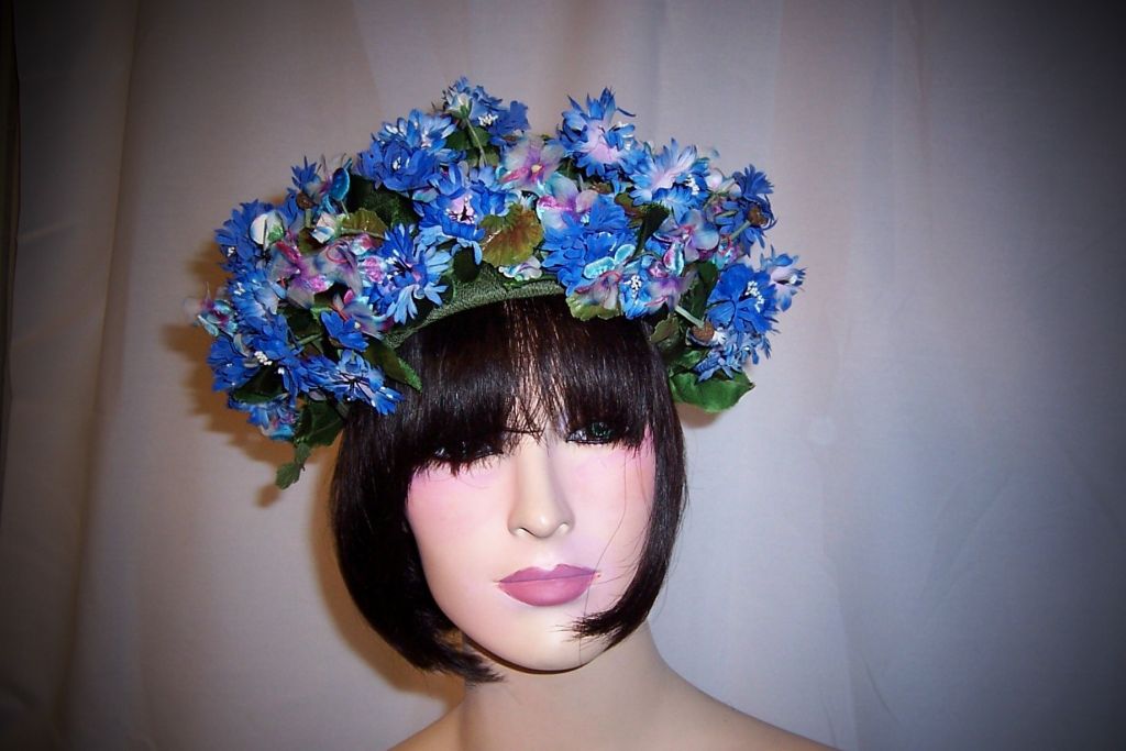 1950's Trebor Original Chapeau Covered with Cornflowers/ Violets at 1stDibs