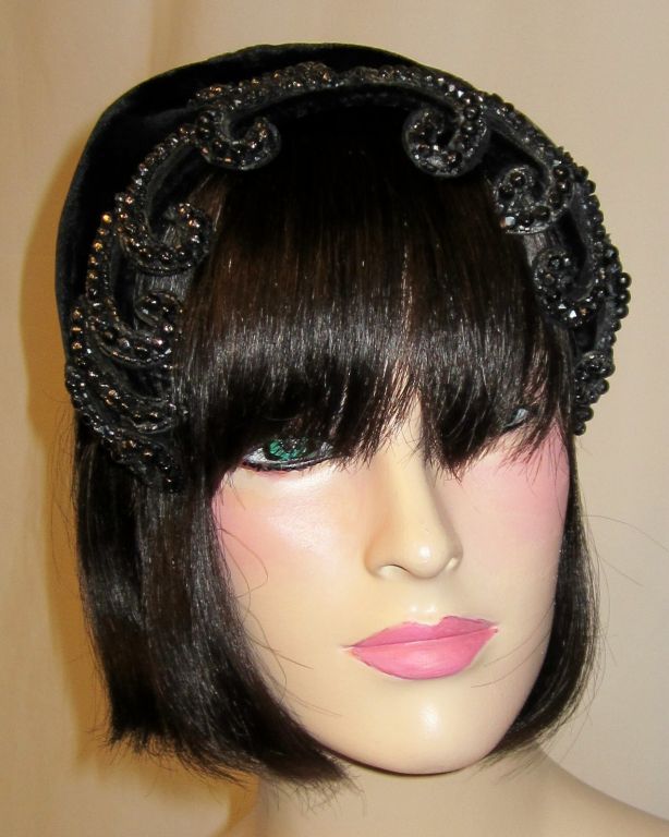Close-Fitting Black Velvet Hat with Beaded Curls on Either Side at 1stDibs