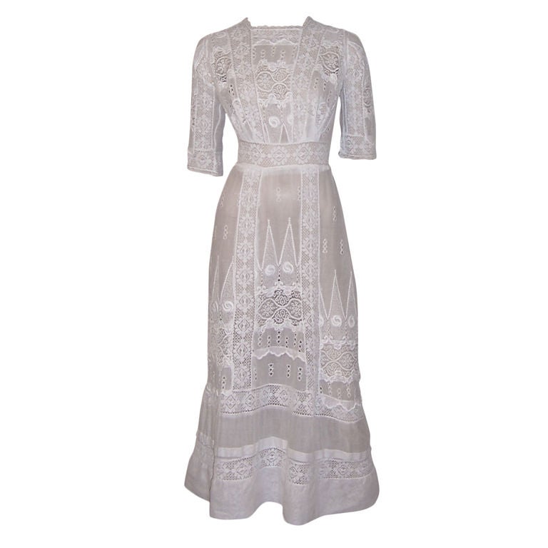 Fine Swiss Batiste Edwardian Tea Gown with Embroidery and Lace at 1stDibs