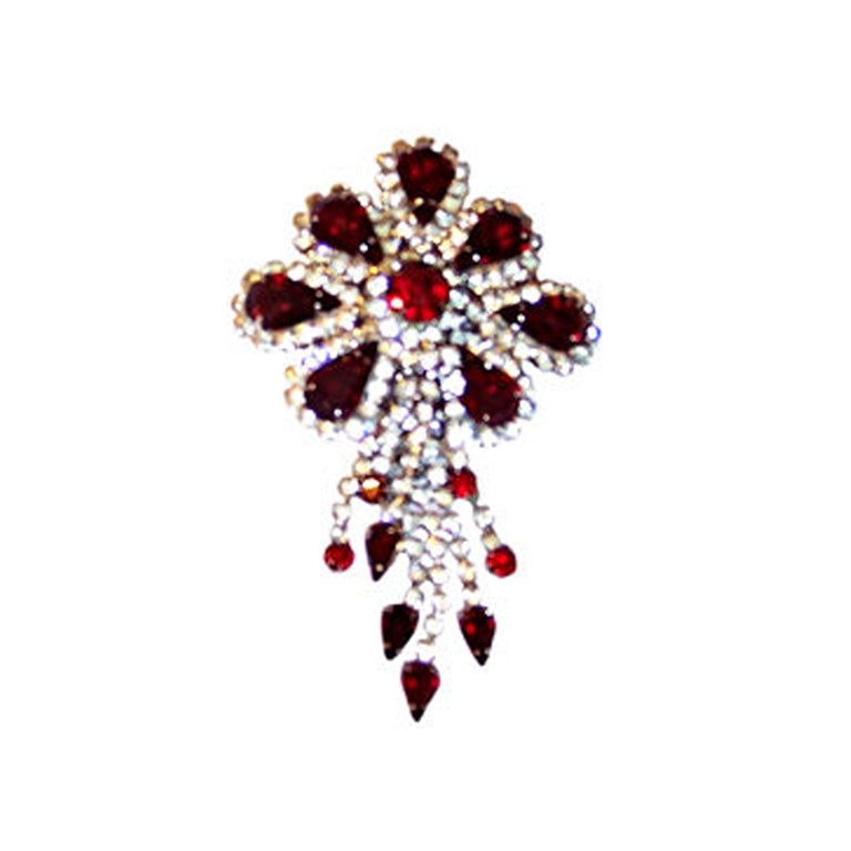1950's Clear and Ruby Rhinestone Dangle Brooch For Sale at 1stDibs