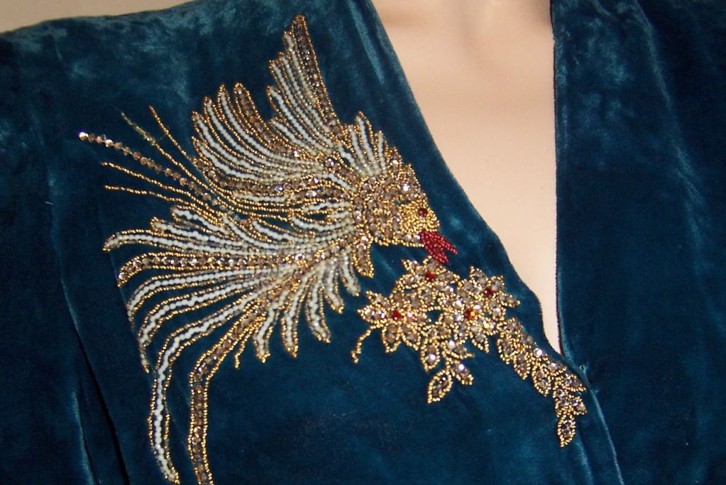 Luxurious Teal Silk Velvet House Wrapper with Beaded Bird For Sale at ...