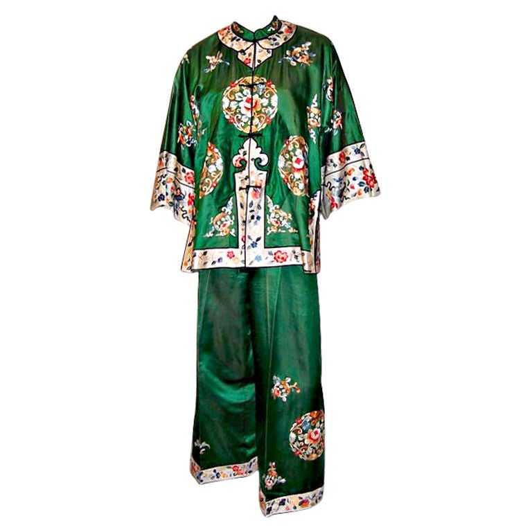 Chic Chinese Embroidered Jacket and Pants in Vibrant Green Silk For ...