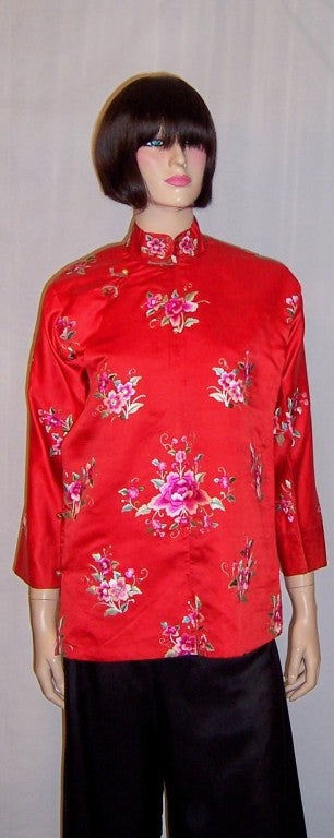 Red Chinese Silk Jacket with Delicately Embroidered Pink Peonies For ...