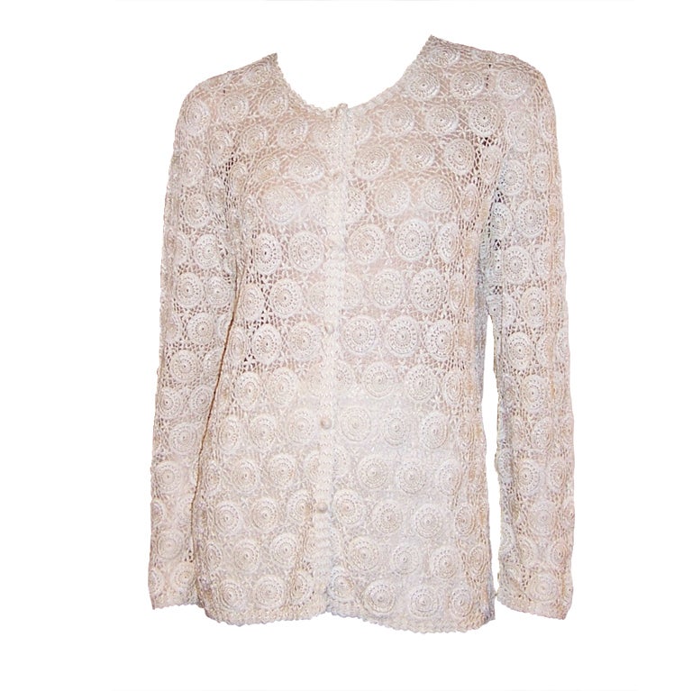 Finely Crocheted Ivory Evening Cardigan For Sale at 1stDibs