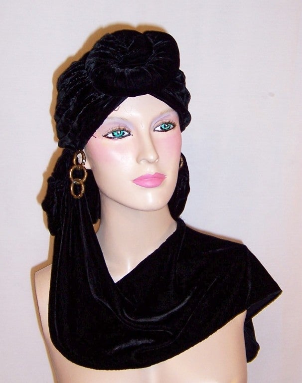 Dramatic 1940's Black Velvet Knotted Turban with Drape/Earrings at 1stDibs