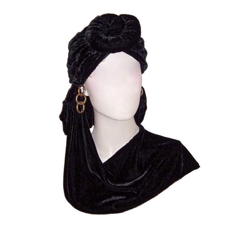 Dramatic 1940's Black Velvet Knotted Turban with Drape/Earrings at 1stDibs