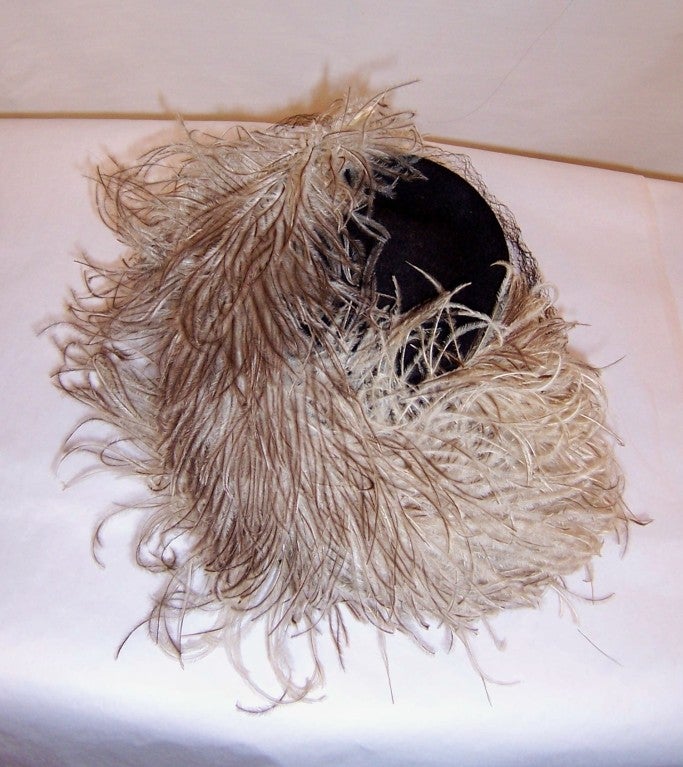 1940's Black Felt Topper with Ostrich Feathered Plume and Netting For ...