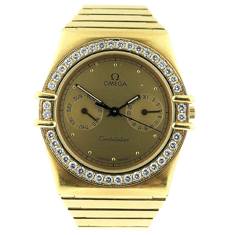 OMEGA Gold Bracelet "Constellation" With Diamond Bezel at 1stDibs