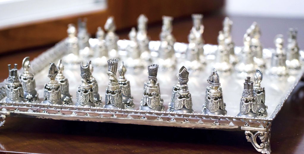 Sterling Silver Chess Set and Chess Board at 1stDibs