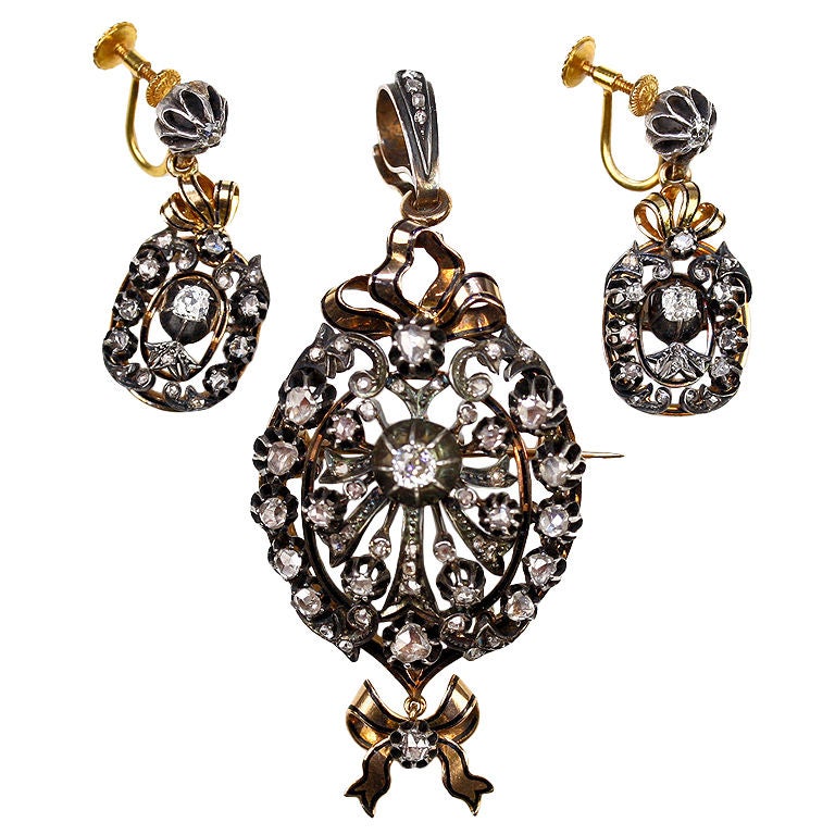 Antique Georgian Diamond Demi-Parure, Pendant Brooch Earrings at 1stDibs