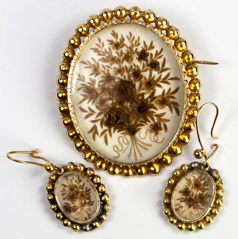 Antique Victorian Gold Parure, Hair Art Mourning Jewelry in Box For ...