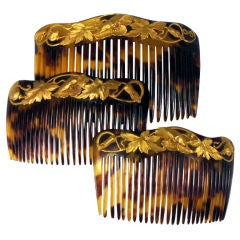 Antique 3 Tortoise Shell Hair Comb Set in Box, Gold Mounted For Sale at ...