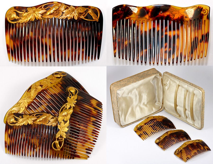Antique 3 Tortoise Shell Hair Comb Set in Box, Gold Mounted For Sale at ...