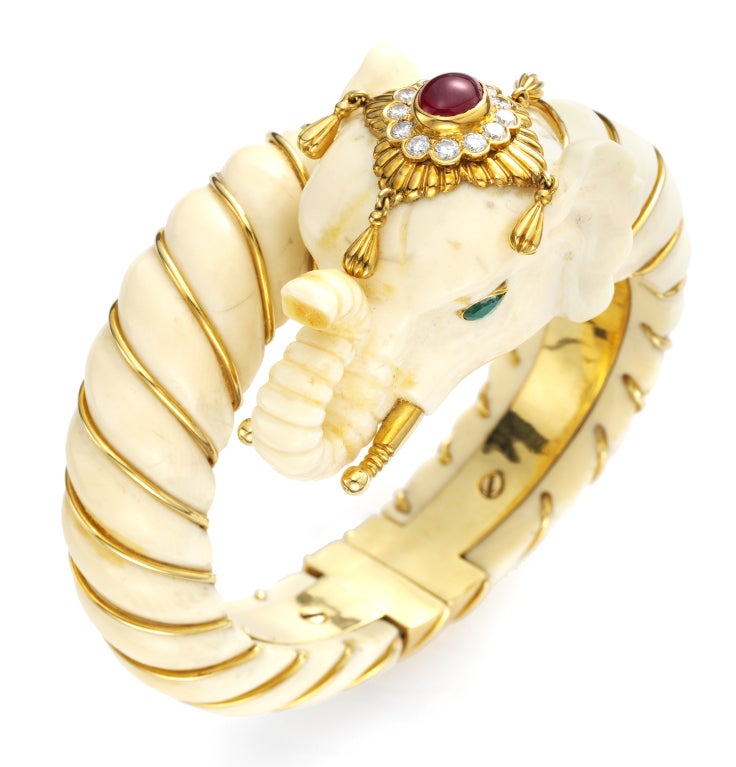VAN CLEEF and ARPELS A Multi-Gem, Ivory and Gold 'Elephant' Bangle For ...