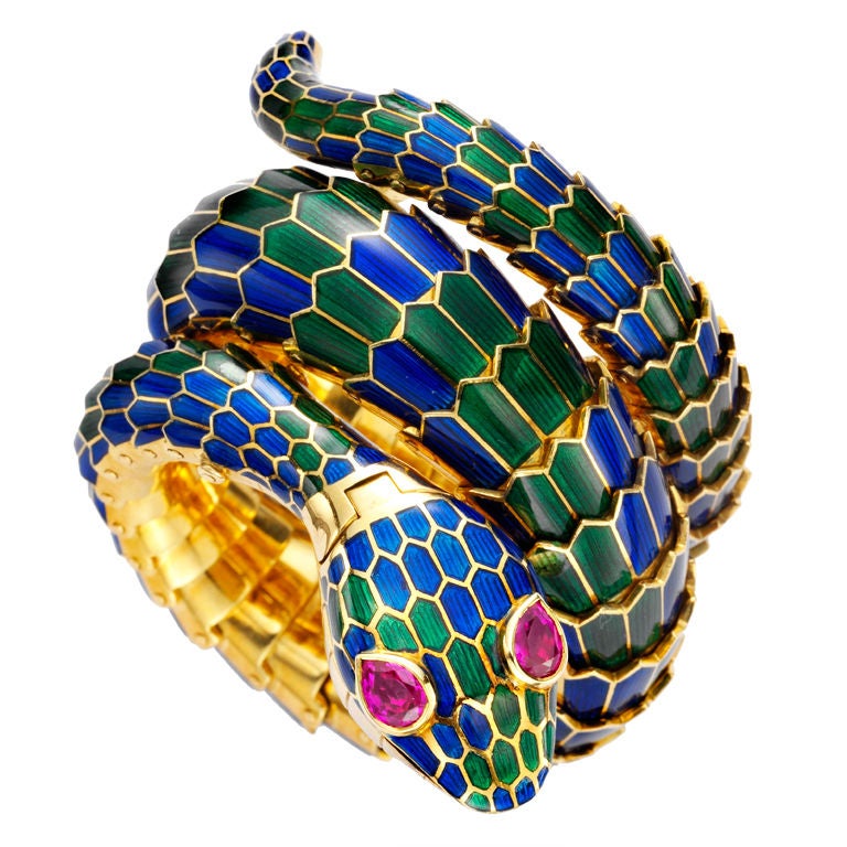 BULGARI Peacock Enamel Ruby Serpent Bracelet Watch at 1stDibs