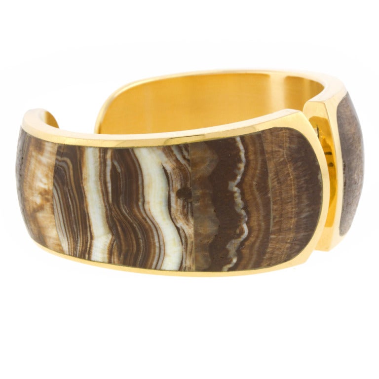 Modernist Gold Cuff set with Petrified Wood at 1stDibs