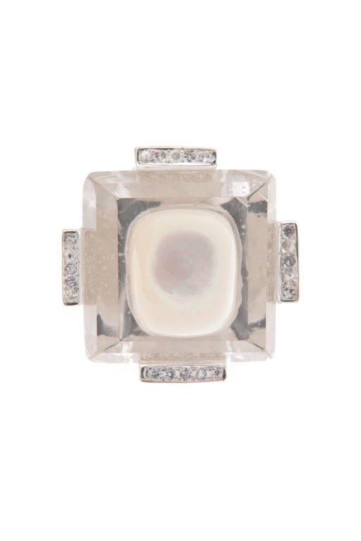 GEO Gemstone Inset Ring, Rock Crystal with Mother of Pearl at 1stDibs