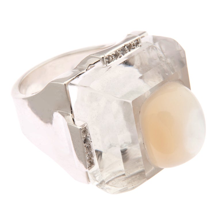 GEO Gemstone Inset Ring, Rock Crystal with Mother of Pearl at 1stDibs
